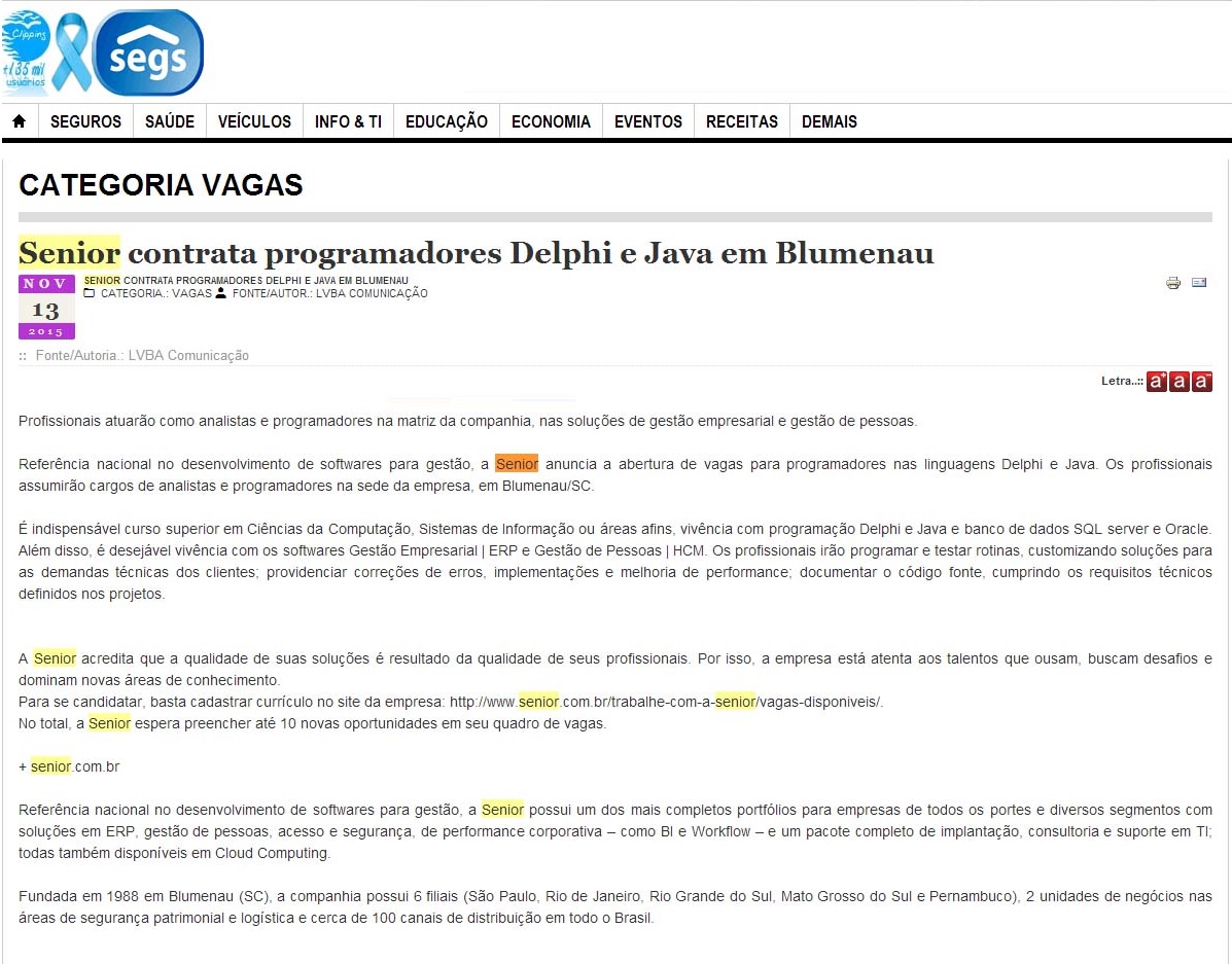Senior contrata programadores Delphi e Java em Blumenau