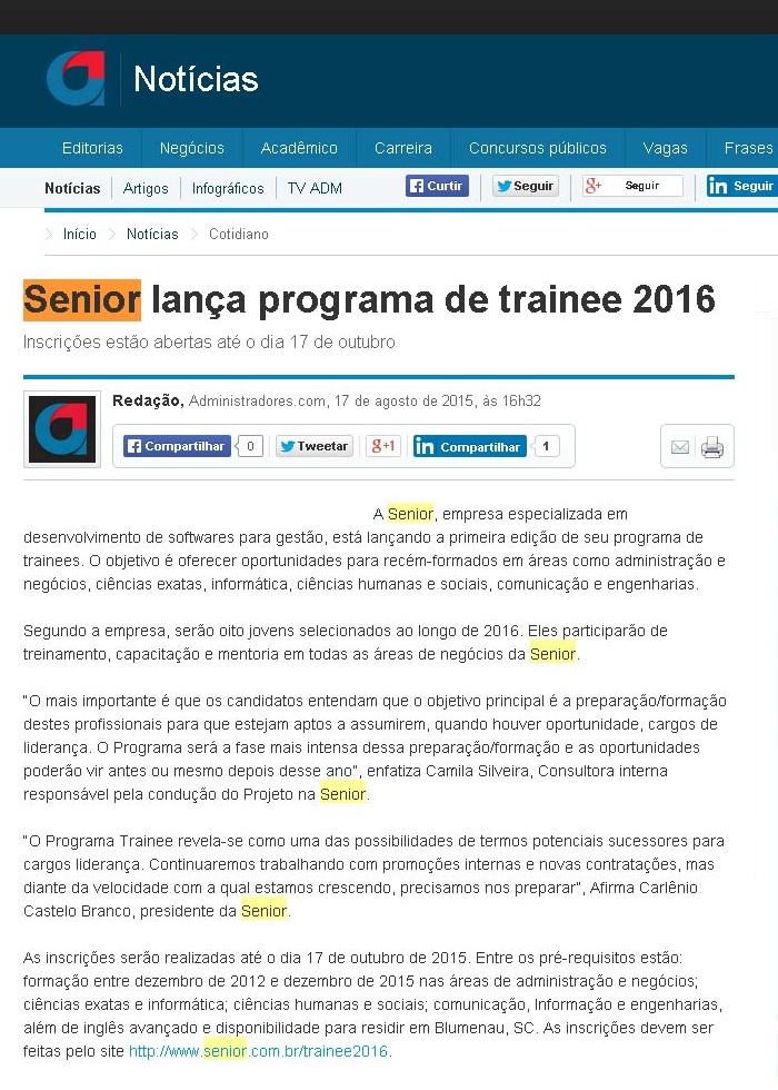 Senior lança programa de trainee 2016